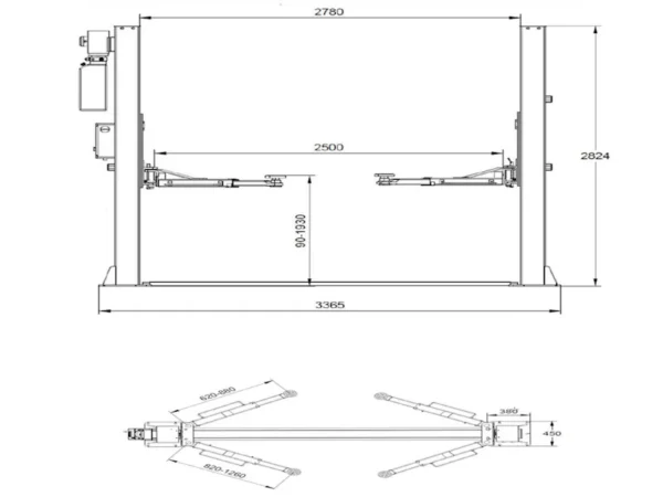 2 Post Lift 4 Tonne Automatic REDATS L-220 or L-220F 1ph or 3ph