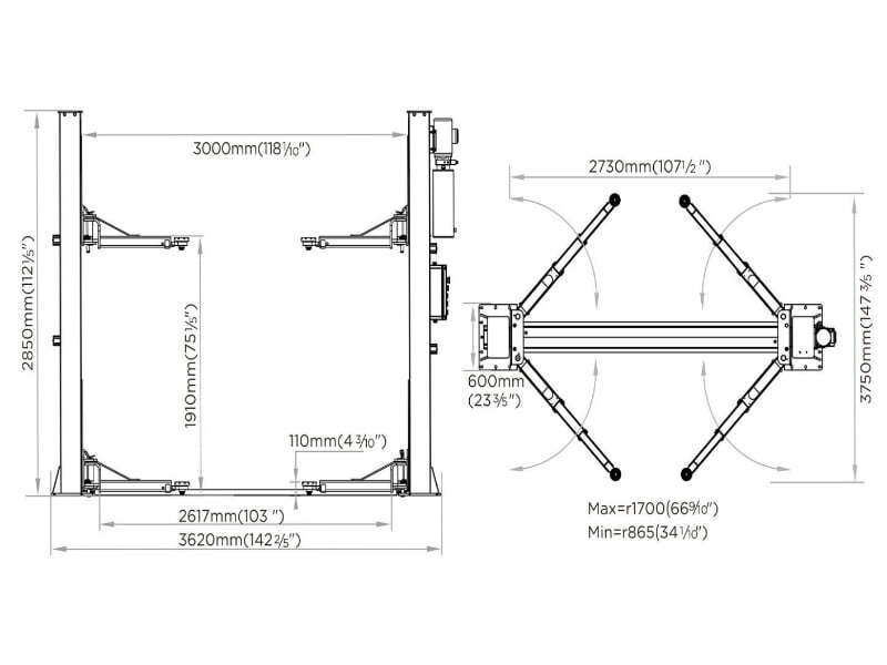 2 Post Car Lift 5 Tonne Automatic Lift - 1 Phase or 3 Phase