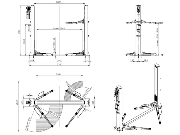 2 Post Lift 4T C42E with Automatic Release. 1 or 3 Phase