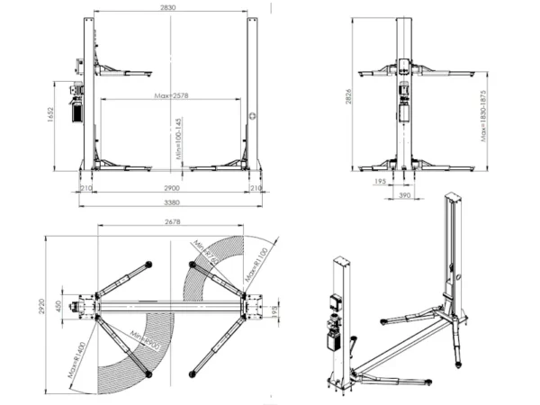 2 Post Lift 4T C42M with Manual Release. 1 or 3 Phase