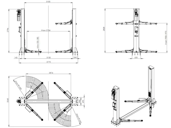 2 Post Lift 5T C52E with Automatic Release. 1 or 3 Phase
